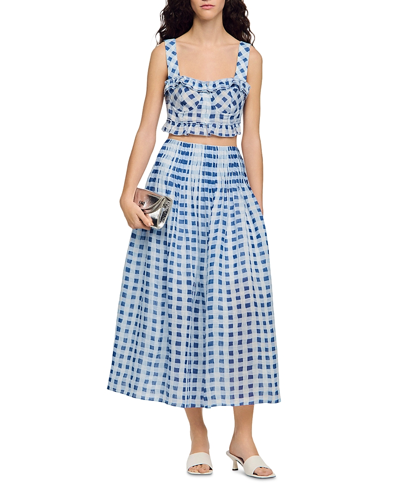 SANDRO Sandro Gingham Linen Blend Maxi Skirt